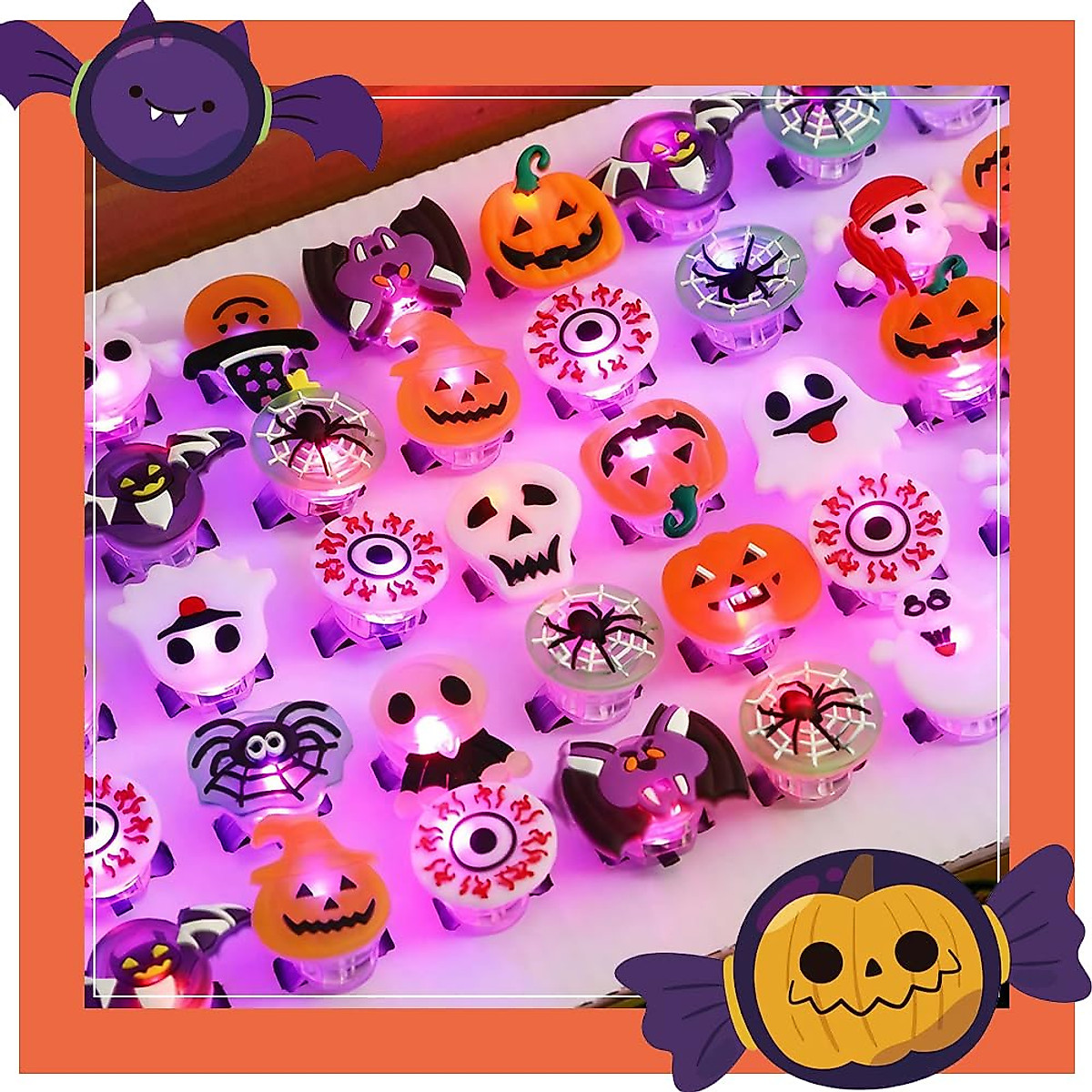 50PCS Halloween Light Up Rings, Assorted Ghost Pumpkin Flash LED Rings Toys Glow in the Dark Rings Toys for Halloween Kids Party Favors