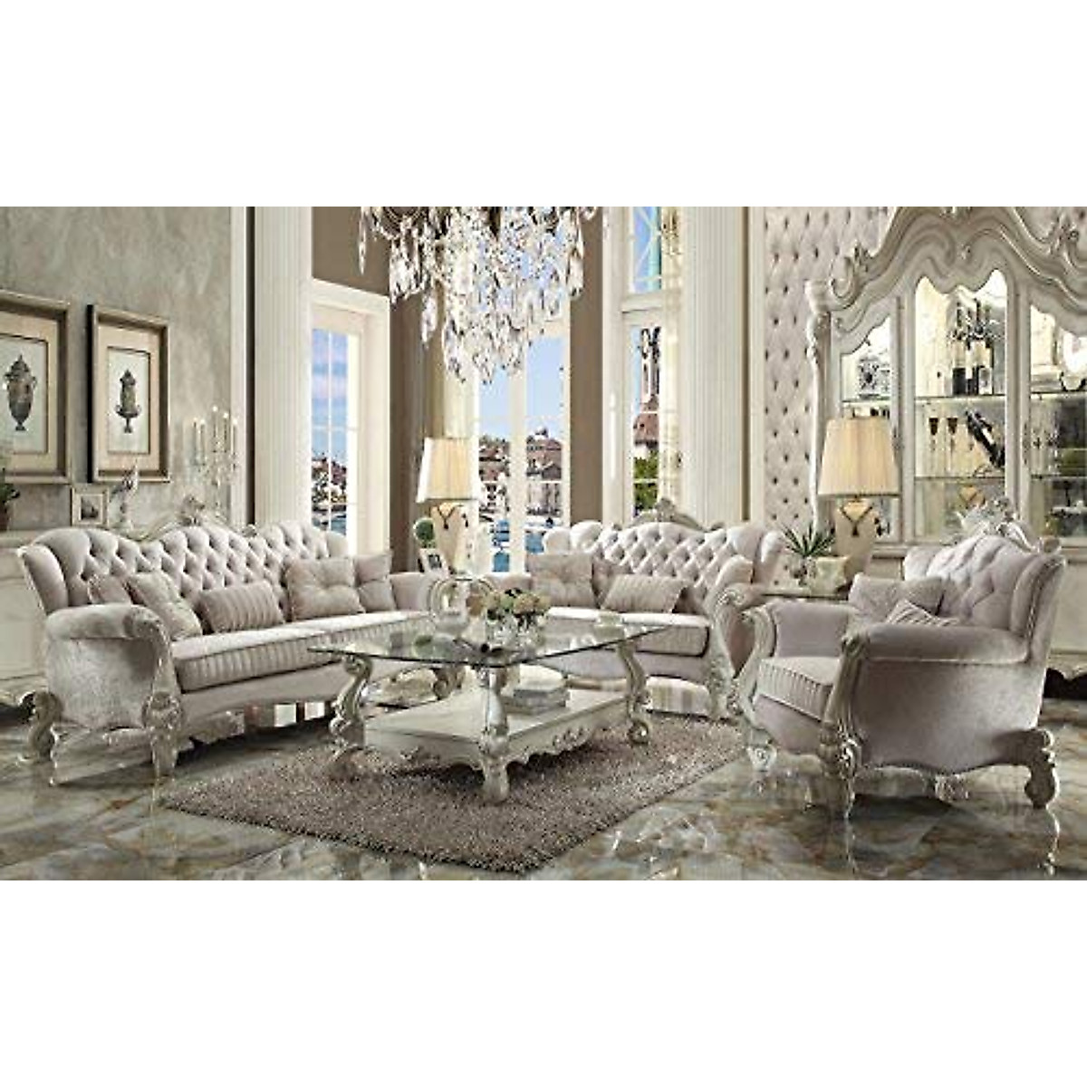 ACME Versailles Sofa w/5 Pillows - 52105 - Ivory Velvet & Bone White