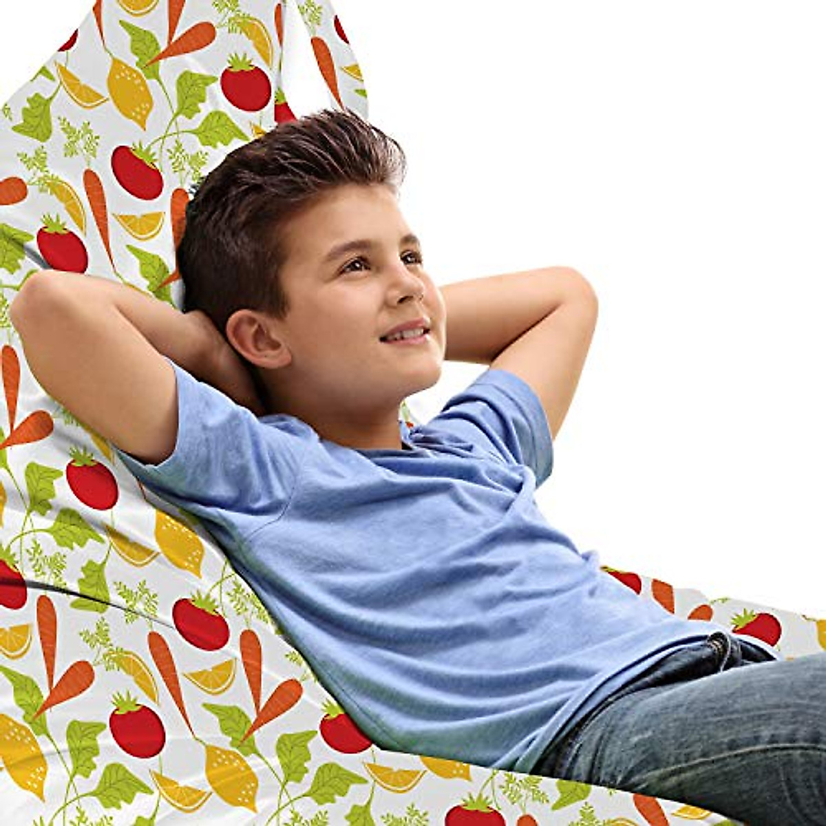 Lunarable Vegetable Lounger Chair Bag, Carrots Leaves Lemons and Tomatoes, High Capacity Storage with Handle Container, Lounger Size, White Multicolor