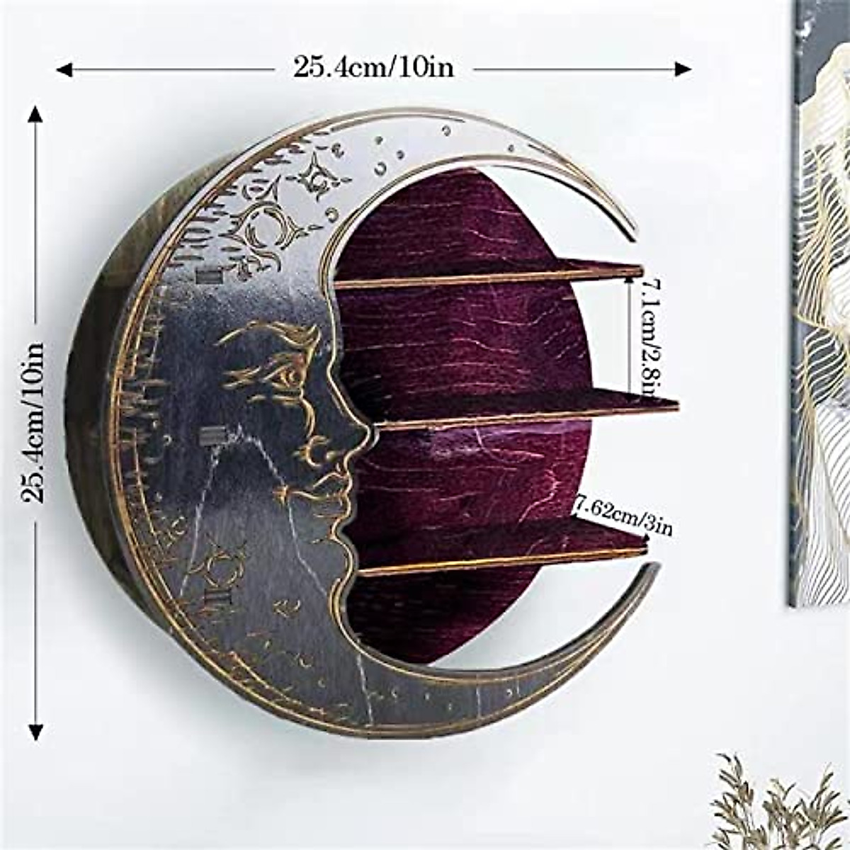 Moon Crystal Storage Rack Wall Mount Decorative 10x10 Inch, Wooden Floating Shelf Swing Mount Living Room Bedroom Bathroom Kitchen, Wood Crescent-Oil Rack,Black