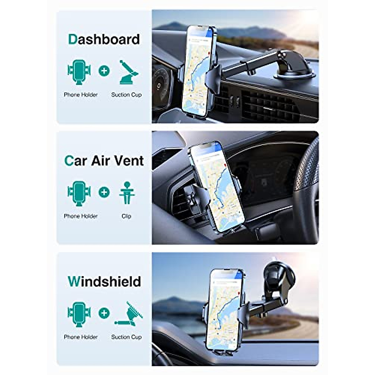 VICSEED Phone Mount for Car [Off-Road Stable][Thick Case & Big Phones Friendly] 3 in 1 Car Phone Holder Mount Suction Cell Phone Holder Car Dashboard Windshield Air Vent Car Mount for iPhone Samsung