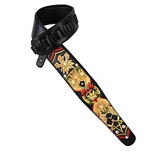 Walker And Williams KB-50-TN Handmade Heritage Series Black And Tan Guitar Strap With Multicolor Mayan Design On Tan Carved Leather