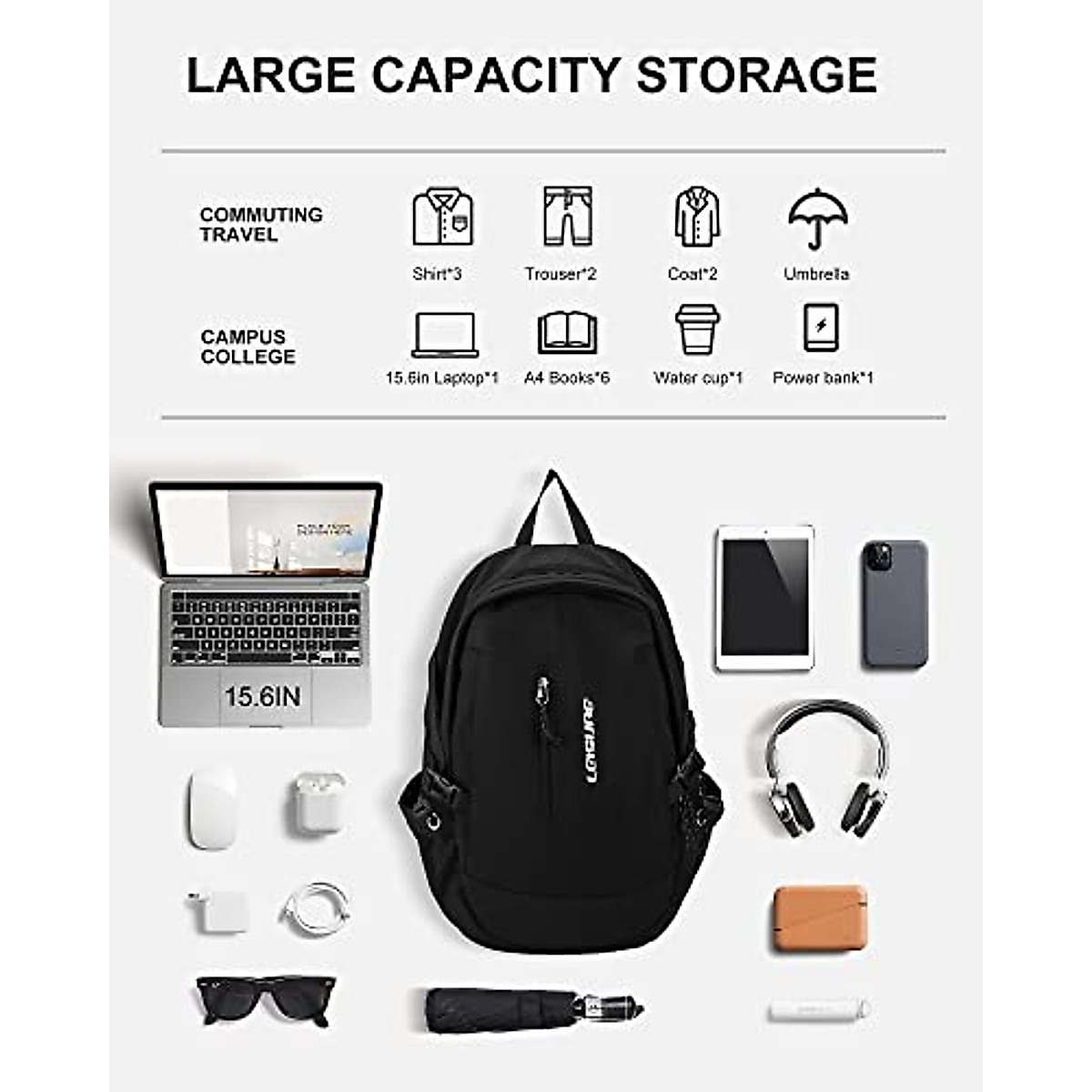 Black School Backpack for Teens Girls Boys, Middle High School Backpacks College Bookbag Laptop Backpacks for Women Men Water-Resistant Daypack Small Lightweight Waterproof Travel Hiking Backpack