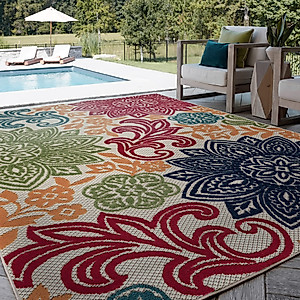 Omalley Modern Floral Multi-Color Large 8x10 Indoor Outdoor Rug - Outdoor Rugs for Patios, Deck, Porch, Outside Area Rug for Garden, 8' x 10'
