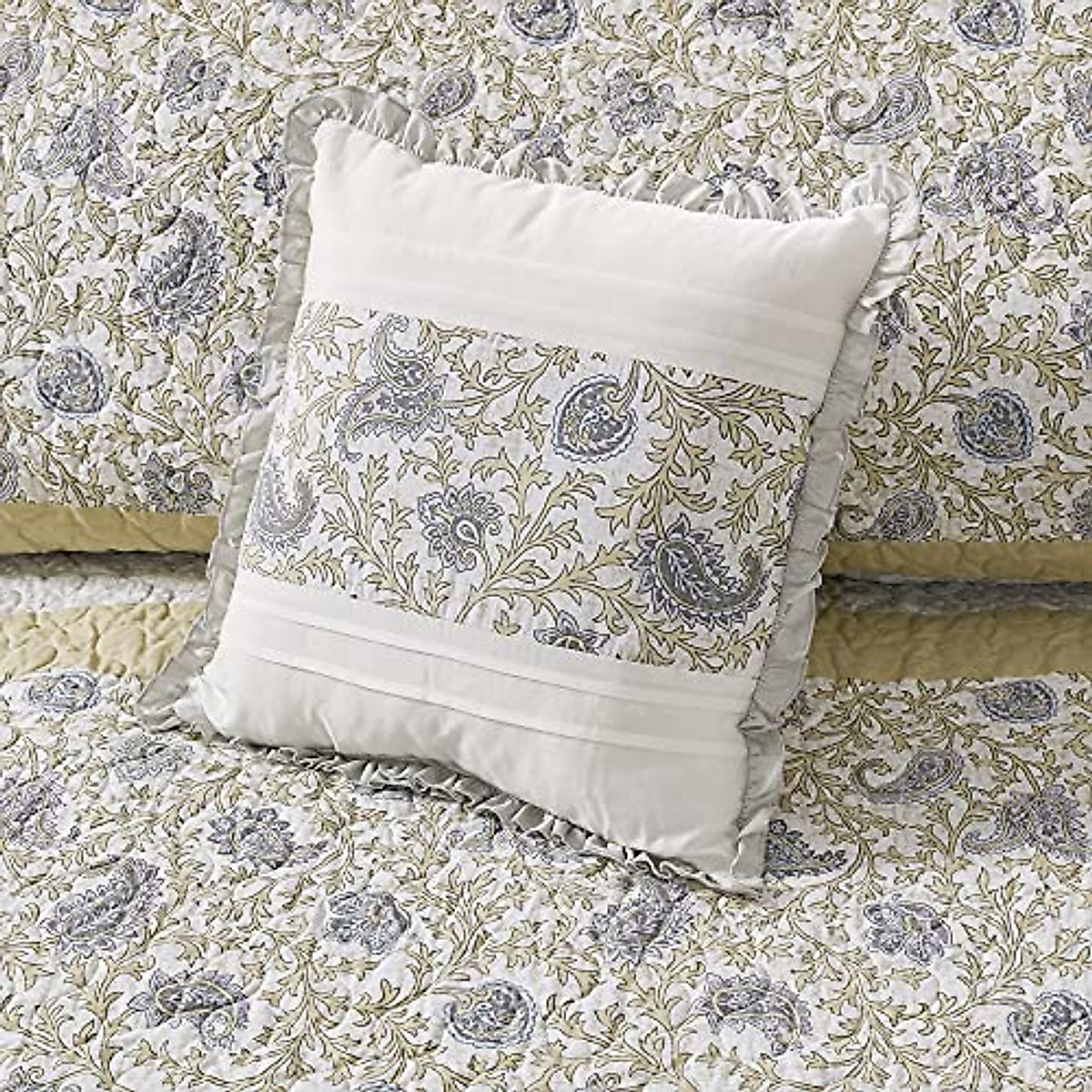 Madison Park 100% Cotton Quilt Set Floral Print, Double Sided Stitching, All Season, Lightweight Coverlet Shabby Chic Bedding Layer, Matching Shams, Full/Queen, Yellow 6 Piece