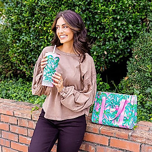 Lilly Pulitzer Cute Lunch Bag for Women, Large Capacity Insulated Tote Bag, Pink/Green Mini Cooler with Storage Pocket and Shoulder Straps, Suite Views