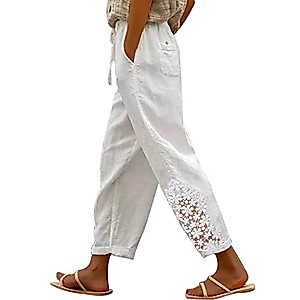 SHAOBGE Dress Pants for Women Business Casual Straight Solid Elastic Waist Cropped Plus Size Yoga Pants with Pockets (White, XL)