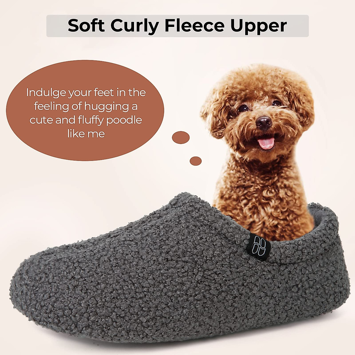 HomeTop Women's Fuzzy Curly Fur Memory Foam Loafer Slippers Bedroom House Shoes with Polar Fleece Lining (7-8 US,Dark Grey)
