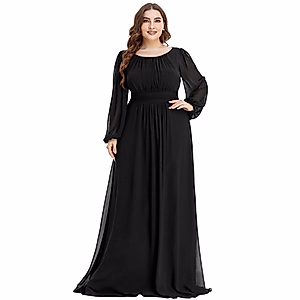 Ever-Pretty Women's Round Neck Long Lantern Sleeves Chiffon Pleated Long Evening Gown Plus Size Formal Dress Black US22