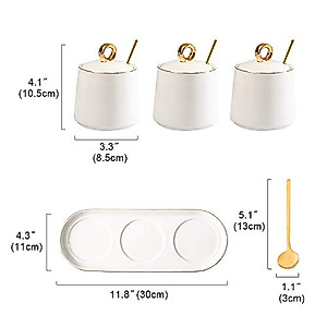 White Ceramic Sugar Bowls Condiment Pots Spice Jars Seasoning Box Set with Lid Spoon and Tray-Sets of 3