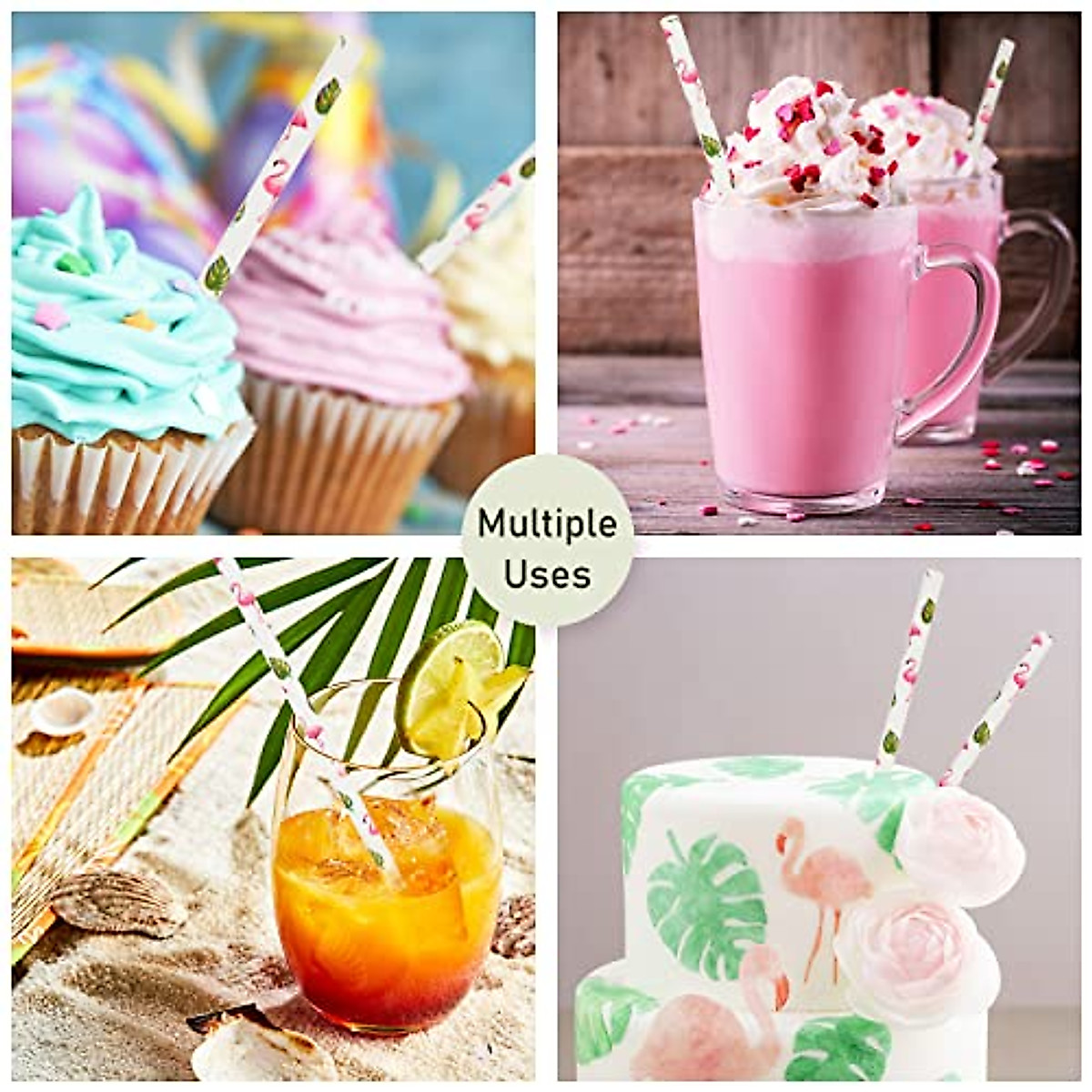 Whaline 100Pcs Summer Paper Straws Flamingo Tropical Leaves Disposable Paper Straws Hawaii Theme Decorative Straws for Summer Party Baby Shower Supplies Juices Shakes Cocktail Decoration