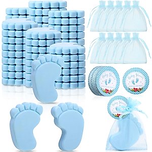 Dimsile 50 Sets Baby Shower Favors, Handmade Baby Feet Scented Soap Party Favors for Guests Baby Shower Favors Soaps with Organza Bags Thanks Tags for Baby Shower Gifts Wedding Party Guests (Blue)