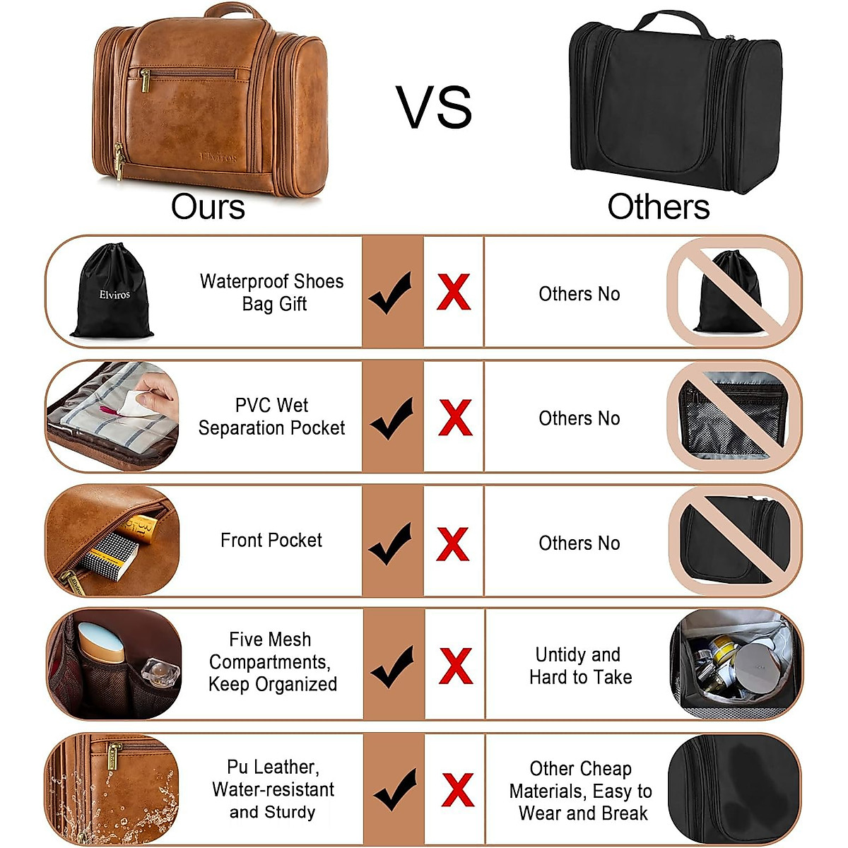 Elviros Travel Hanging Toiletry Bag for Women and Men, Large PU Leather Toiletries Organizer, Water-resistant Bathroom Shaving Kit for Cosmetics, Makeup Case (Large, Brown)