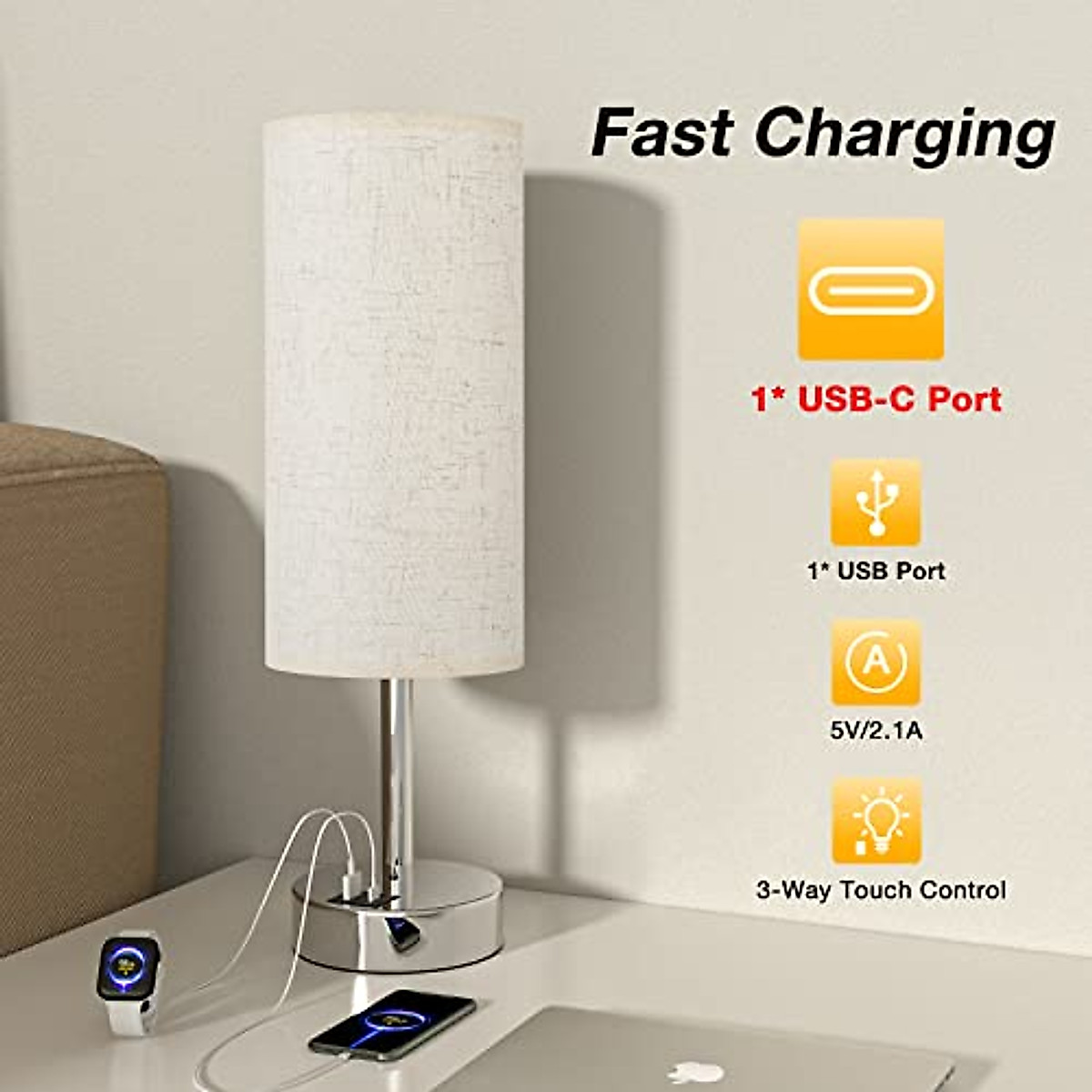 Touch Table Lamps for Bedroom Nightstand - Bedside Lamps with USB-C USB-A Charging Ports White, 3 Way Dimmable Control Small Lamp Fabric Shade Silver Base for Bedroom, Office, Living Room, Reading