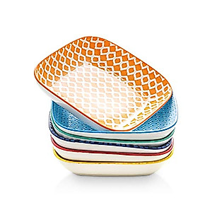 Selamica Porcelain 8-inch Square Dinner Plates, Salad Pasta Bowls, Set of 6, Assorted Colors