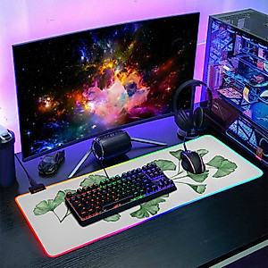 Large RGB Gaming Mouse Pad Ginkgo Biloba Known Ginko Gingko Leaves Glowing Extended Mousepad 35.4x15.7in, Soft Anti-Slip Rubber Base Luminous Mouse Mat for Pc Laptop, Gaming, Office, Home