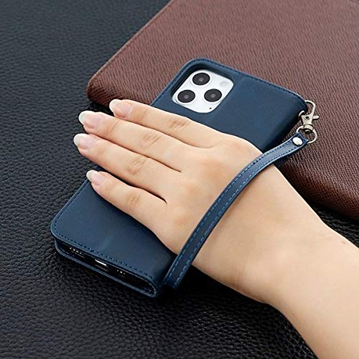 Glow 407-1-04 iPhone 12 Notebook Type Case with Strap, Navy, Tempered Glass & Stylus Pen
