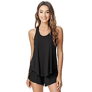 NACHILA Pajamas for Women-Viscose Made from Bamboo,Ribbed Racerback Tank Top and Shorts Pajama Sets Sleeveless Sleep Cami Pj Black S