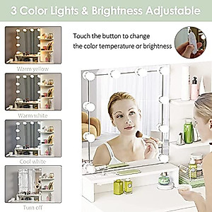 Makeup Vanity Table with Lighted Mirror & Power Strip, White Vanity Set with Hair Dryer Rack, Lots Storage, 3 Lighting Modes, Brightness Adjustable, 31.5in(L)
