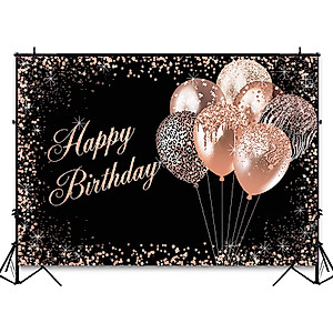 Avezano Rose Gold Birthday Backdrop for Girls Women Happy Birthday Party Decoration Photoshoot Black Rose Gold Glitter Balloon Bday Party Photography Background (7x5ft)