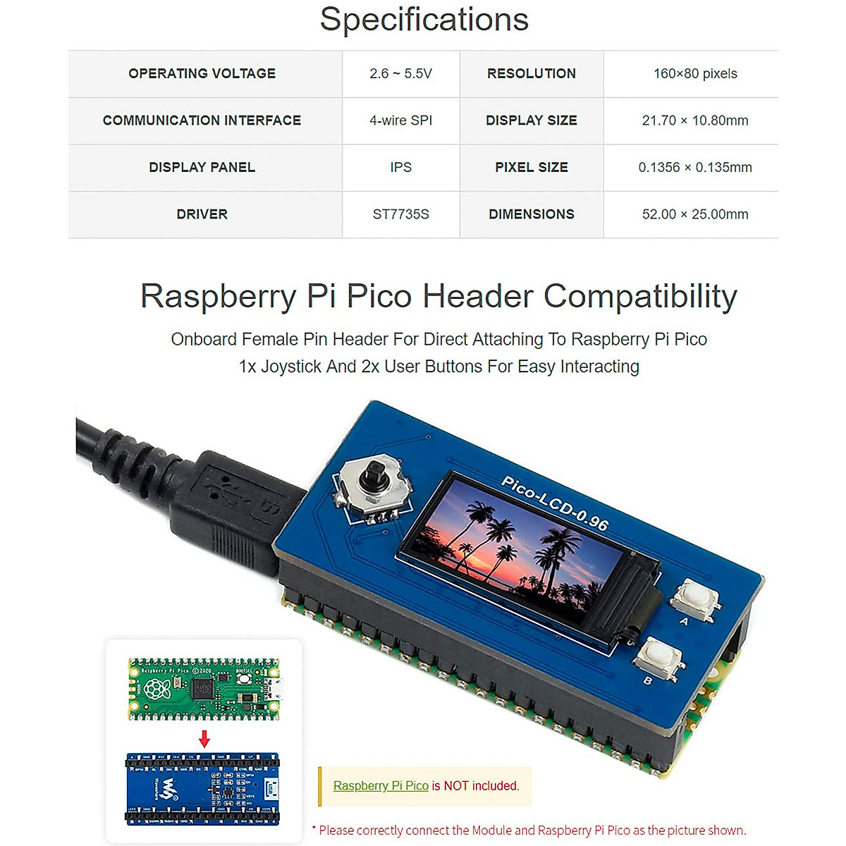0.96inch LCD Display Module for Raspberry Pi Pico, 160×80 Resolution IPS Screen 65K RGB Display Color SPI Interface ST7735S Driver, with 1x Joystick and 2X User Buttons for Easy Interacting