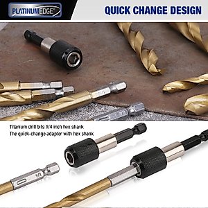 PLATINUMEDGE 46 Pieces Titanium Twist Drill Bit Set with Cr-V Bits, Hex Shank Drill Bit Set, 29 Pieces HSS Drill Bits from 1/16” to 1/2”, 1 Quick-Change Adapter, 16 Pieces Cr-V Bits, Quick Change