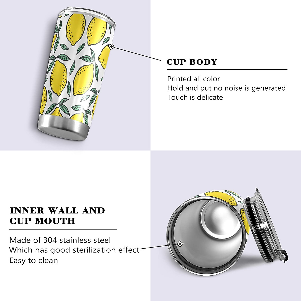 Yasala Tumbler Cute Lemon Pattern Insulated Office Coffee Cup Back to School Beverage Container Travel Mug with Straw and Lid Double Wall Stainless Steel 20oz