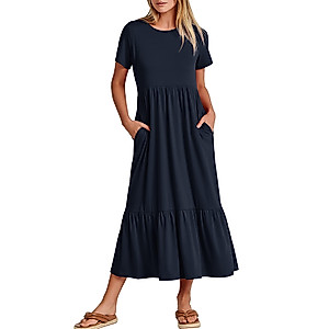ANRABESS Women Summer Casual Short Sleeve Crewneck Aline Swing Flowy Tiered Shirt Maxi Beach Long Dress 2025 Trendy Outfits X-Large Navy Blue