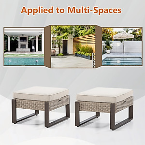 Gardenbee 2 Pieces Outdoor Patio Ottoman, All-Weather PE Rattan Ottomans Footstools with Removable Cushions & Anti-Rust Steel Frame Legs for Garden Backyard Porch Deck, Beige