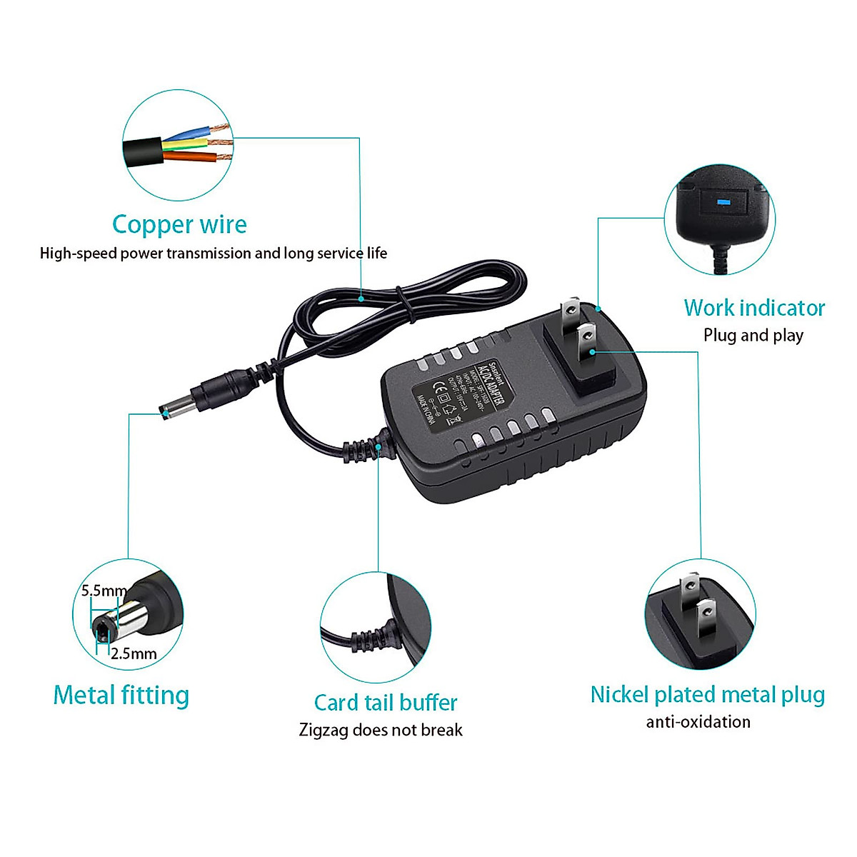 Snsnlent Ac Adapter 15V 2A DC Power Supply Charger AC 100-240V 50-60Hz to DC 15V 2A 30W Charger Power Supply 15V 30W 2A Ac Adapter Charger with 5.5mm x 2.5mm Plug
