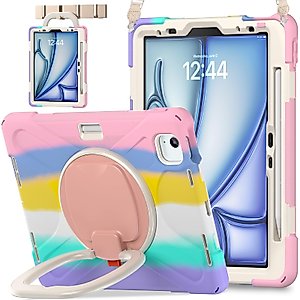 BATYUE for iPad Air 6th Generation 11-inch (M2) 2024 Case, iPad Air 5th/4th Gen 10.9" Case 2022/2020, iPad Pro 11" 4th/3rd/2nd/1st Case, with Pencil Holder+Kickstand+Shoulder Strap (Colourful Pink)