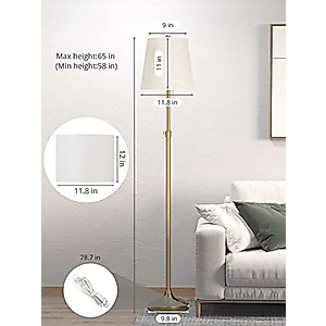Meisoda Gold Floor Lamp, 9W 3 CCT Dimmable Standing Lamp with 2 Linen Lamp Shades and Pull Chain for Living Room, Bedroom, Office, 58" to 65" Adjustable Height, Modern Brushed Bronze Design