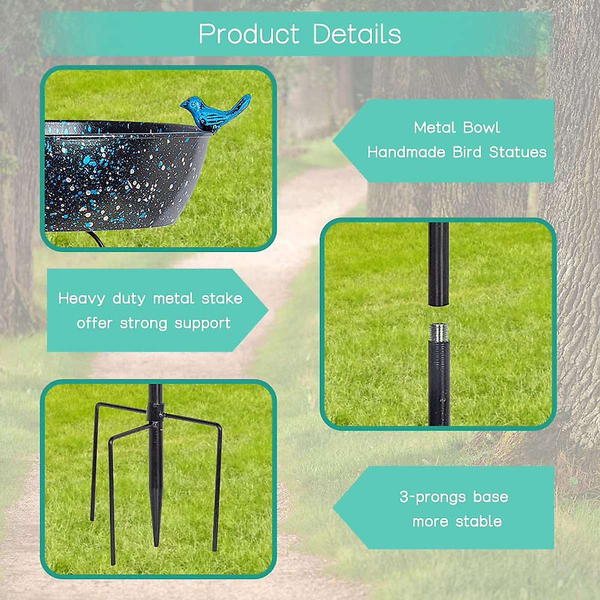 VEWOSTAR Outdoor Garden Bird Bath, Metal Birdbath with Stable Stakes Bird Feeders for Outdoor Yard Lawn Patio (3" Deep*35" Height)