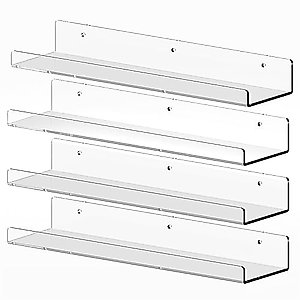 Set of 4, Acrylic Floating Shelf Wall Mount, Self-Adhesive 15" Invisible Clear Kids Book Display Shelves, Kids Bookshelf, Bathroom/Kitchen Wall Ledge Shelf for Decoration and Organizer