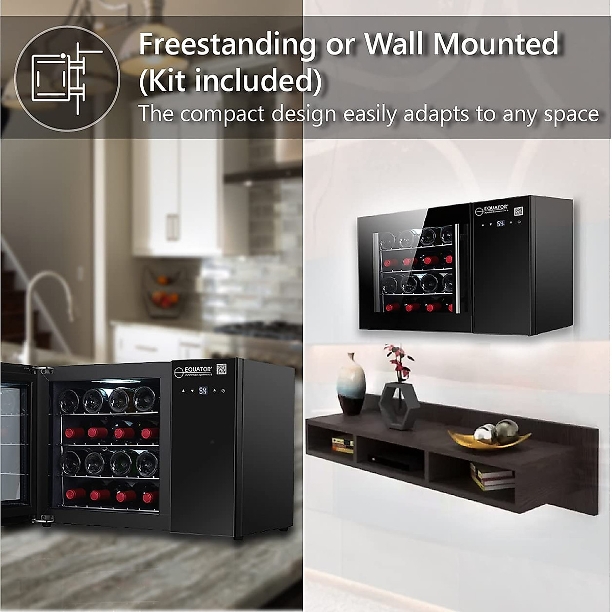 Equator 16 Bottle Wine Refrigerator, Single-Zone, Freestanding/Built-in, Anti-UV Glass Door, Temp Range 41°F-71.6°F, Touchpad Controls, Auto Defrost, 110V