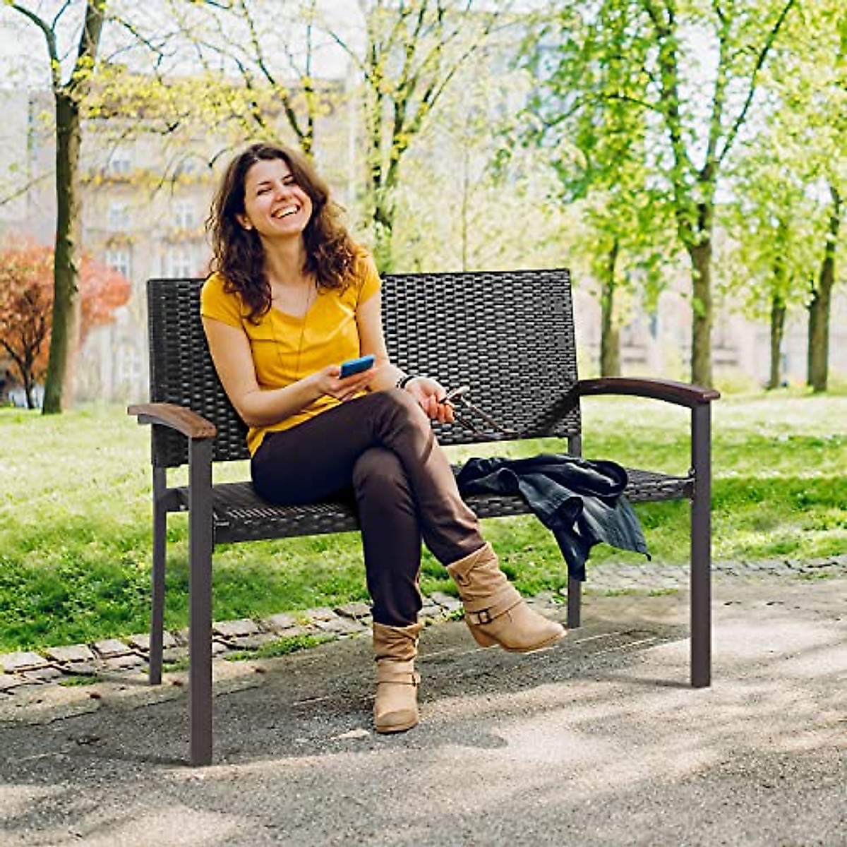 Tangkula Outdoor Stackable Bench, All-Weather PE Wicker Loveseat with Acacia Wood Armrests, 2-Person Heavy Duty Metal Frame Patio Bench, for Garden, Front Porch, Courtyard