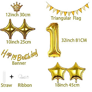 WEIKA 1st Birthday Decorations First Birthday Party Kit 32 Inch Number 1 Balloon 3D Letters Happy Birthday Banner Crown Foil Balloon Star Aluminum Ballons For Baby Shower Boys Girls Birthday(Gold)