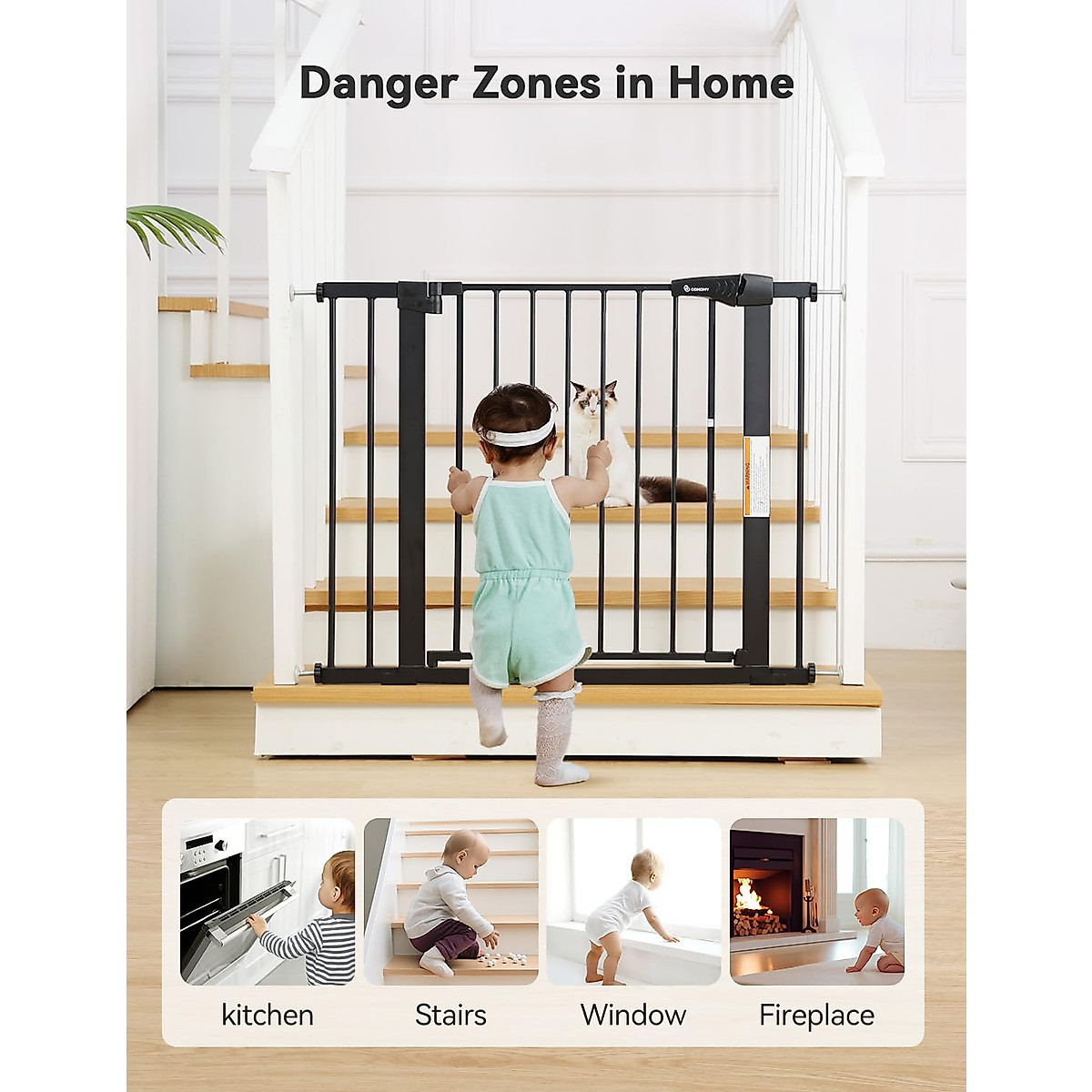 COMOMY 29.5-43.3" Safety Baby Gate Extra Wide, Auto Close Dog Gate for House Doorways Stairs, Pressure Mounted Easy Walk Through Pet Gate Child Gate, Includes 2.75" and 8.25" Extension, Black