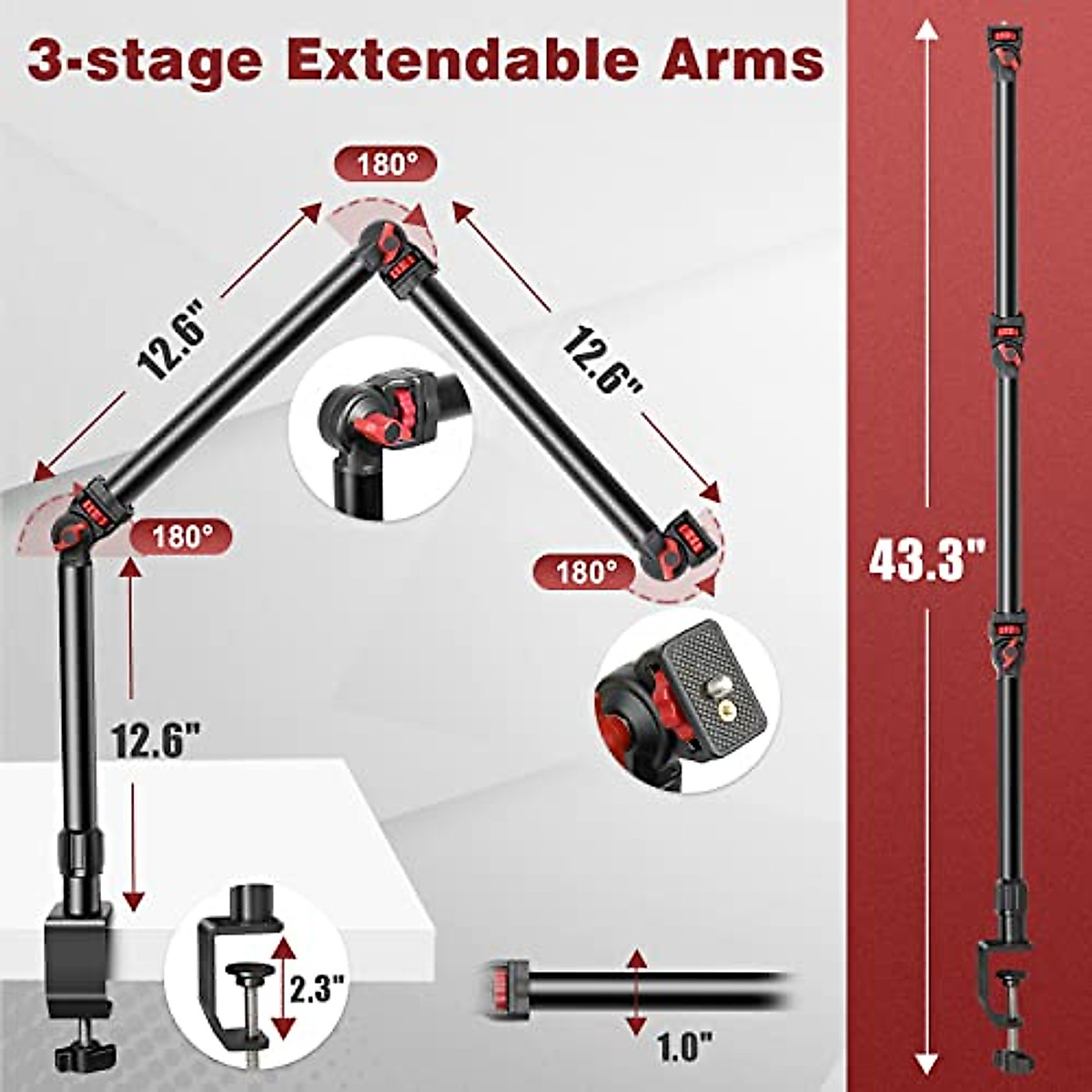 VIVEMCE Overhead Camera Mount Desk Stand,Adjustable 3-Section Camera Desk Mount with 1/4“ 3/8" 5/8" Screws,C-clamp Tabletop Mount for Camera, Microphone, Phone, Webcam