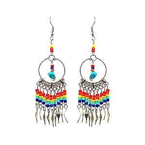 Native American Inspired Chip Stone Round Silver Metal Hoop Beaded Dangle Earrings - Womens Fashion Handmade Jewelry Tribal Accessories (Teal/Rainbow)
