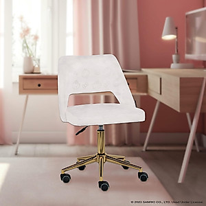 Impressions Vanity Hello Kitty Velvet Vanity Chair with Back, 360 Degrees Swivel Cute Desk Chair with Wheels, Golden Rolling Base Adjustable Height Makeup Chair for Bedroom (White)
