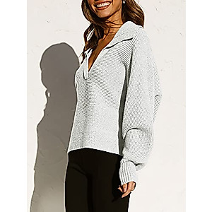 ANRABESS Women Polo V Neck Batwing Long Sleeve Casual Oversized Ribbed Knit Fall Pullover Sweater Top 599bai-L White