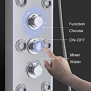 FUZ Contemporary Shower Panel Tower System Stainless Steel 6-Function Faucet LED Rainfall Waterfall Shower Head + Handheld Sprayer + Rain Massage Body Jets + Tub Spout,Brushed Nickel