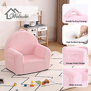 Welnow Kids Sofa Toddler Chair, High Back Children Couch with Side Pockets Kids Armchair with Removable and Washable Cover Carrying Handle Kids Read Sofa for Girl or Boy, Plush Pink