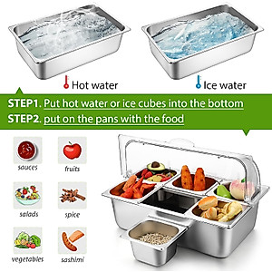 GCIUEMMH Chilled Veggie Tray with Lid - Stainless Steel Food Serving Tray Buffet Condiment Dispenser 6 Pan Countertop Food Serving Container with Clear Top Cover for Seafood Fruit Party Buffet Tray