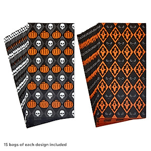 Hallmark Halloween Party Favor and Wrapped Treat Bags (30 Ct, Skulls, Pumpkins, Ghosts) Bundle, Black, Orange, White