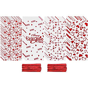 JOZON 200 Pieces Valentine's Day Cellophane Candy Bags with Twist Ties 4 Styles Valentines Day Cellophane Treat Bags Cello Candy Bags Cookie Bags Goodie Bags for Valentines Party Favor Supplies