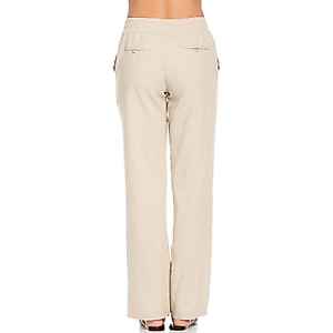 Poplooks Women's Comfy Elastic Waistband Drawstring Linen Pants (Small, Natural)