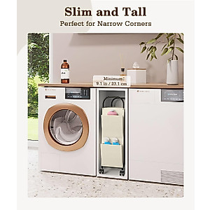 Luxspire 75L Slim Laundry Hamper with Wheels, Rolling Laundry Basket with Lid, Removable Clothes Hamper with Metal Frame, Narrow Laundry Hamper for Dorm, Bedroom, Nursery, Closet, Small, Beige