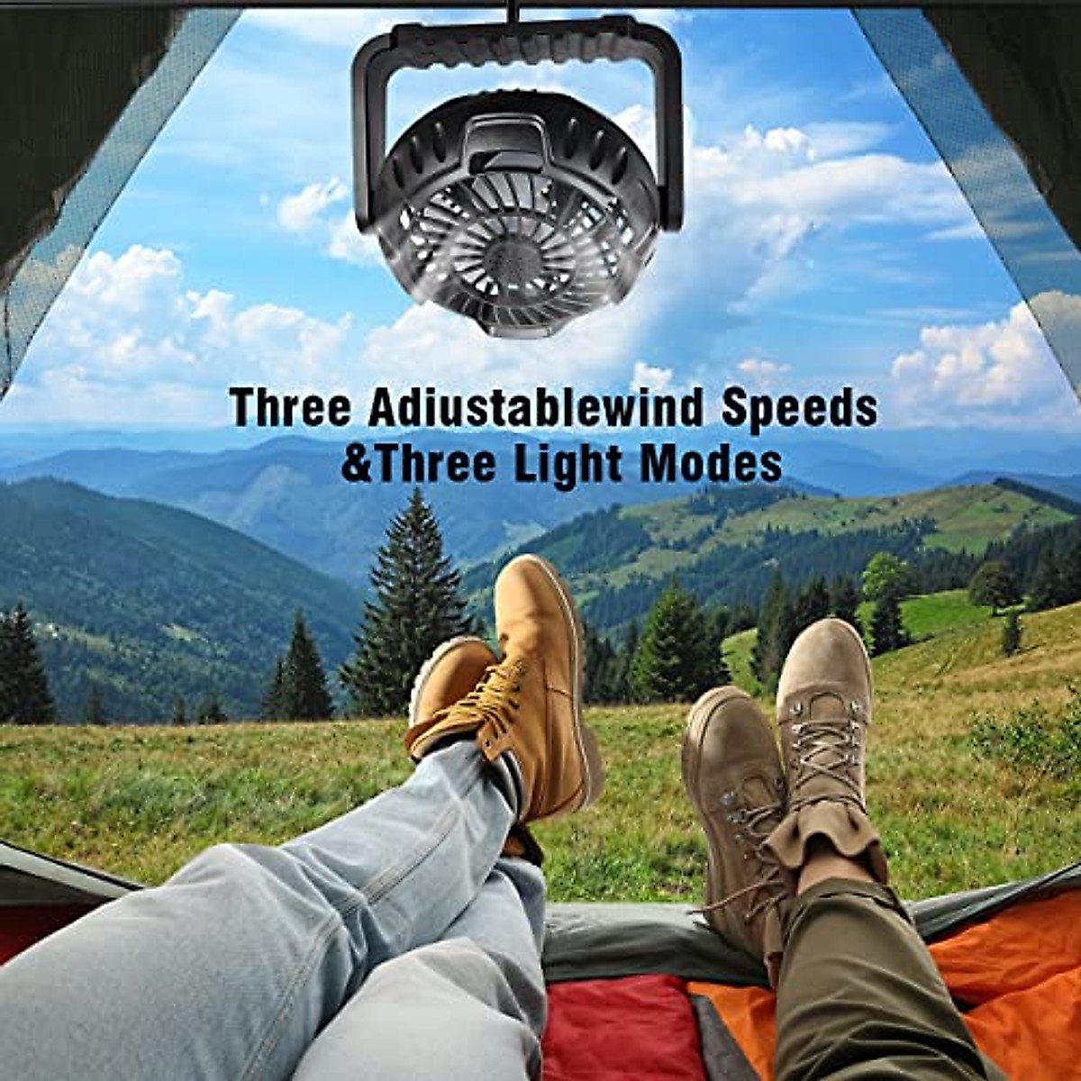 sunvito Outdoor Floor Fan with Light, 8 Inch Portable Battery Operated High Velocity Industrial Fan with hook, Rechargeable Floor Fan for Garage, Camping, Gym, Indoor (fan00002)